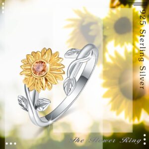 AOVEAO Sunflower Rings for Women, 925 Sterling Silver You are My Sunshine Adjustable Open Band Rings Sunflower Jewelry Gifts