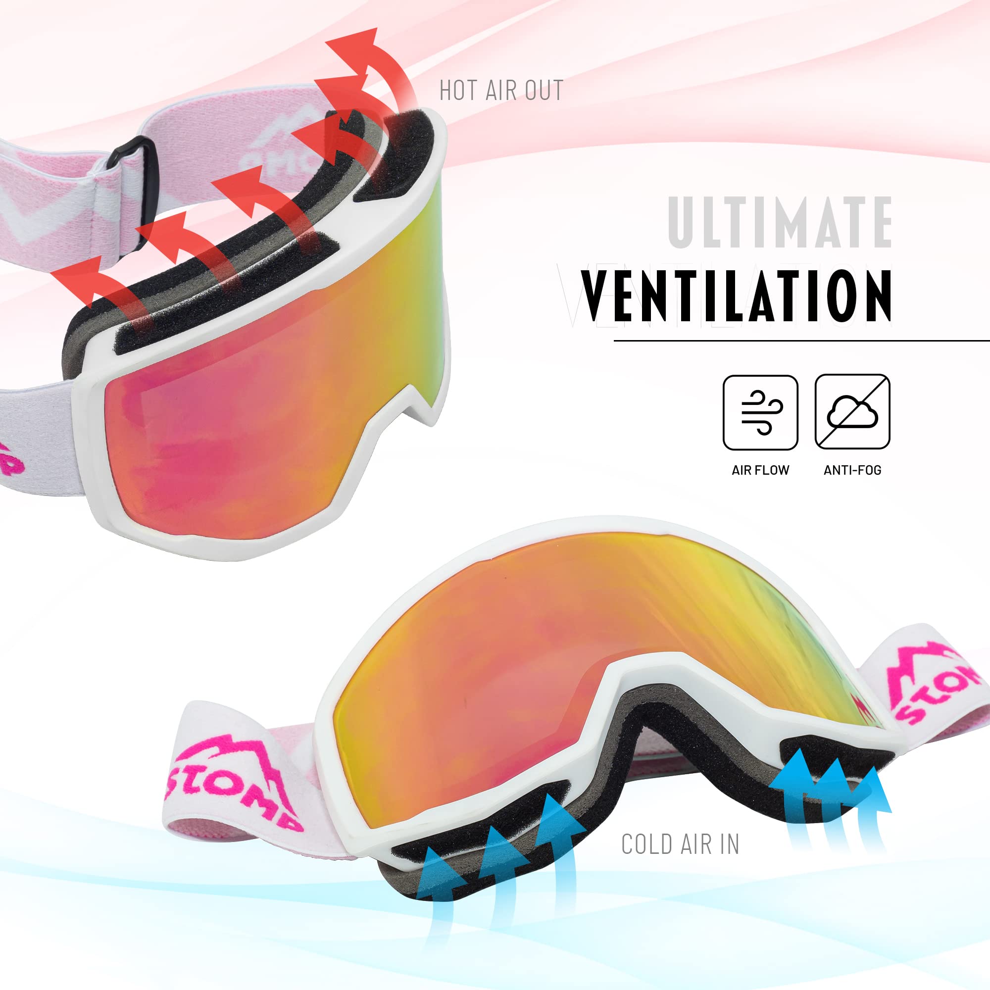 STOMP Ski/Snowboarding Goggles 100% UV400 Protection Replaceable Lens/Straps Goggle for Men, Women & Youth (White Frame/Pink Lens VLT 14%)