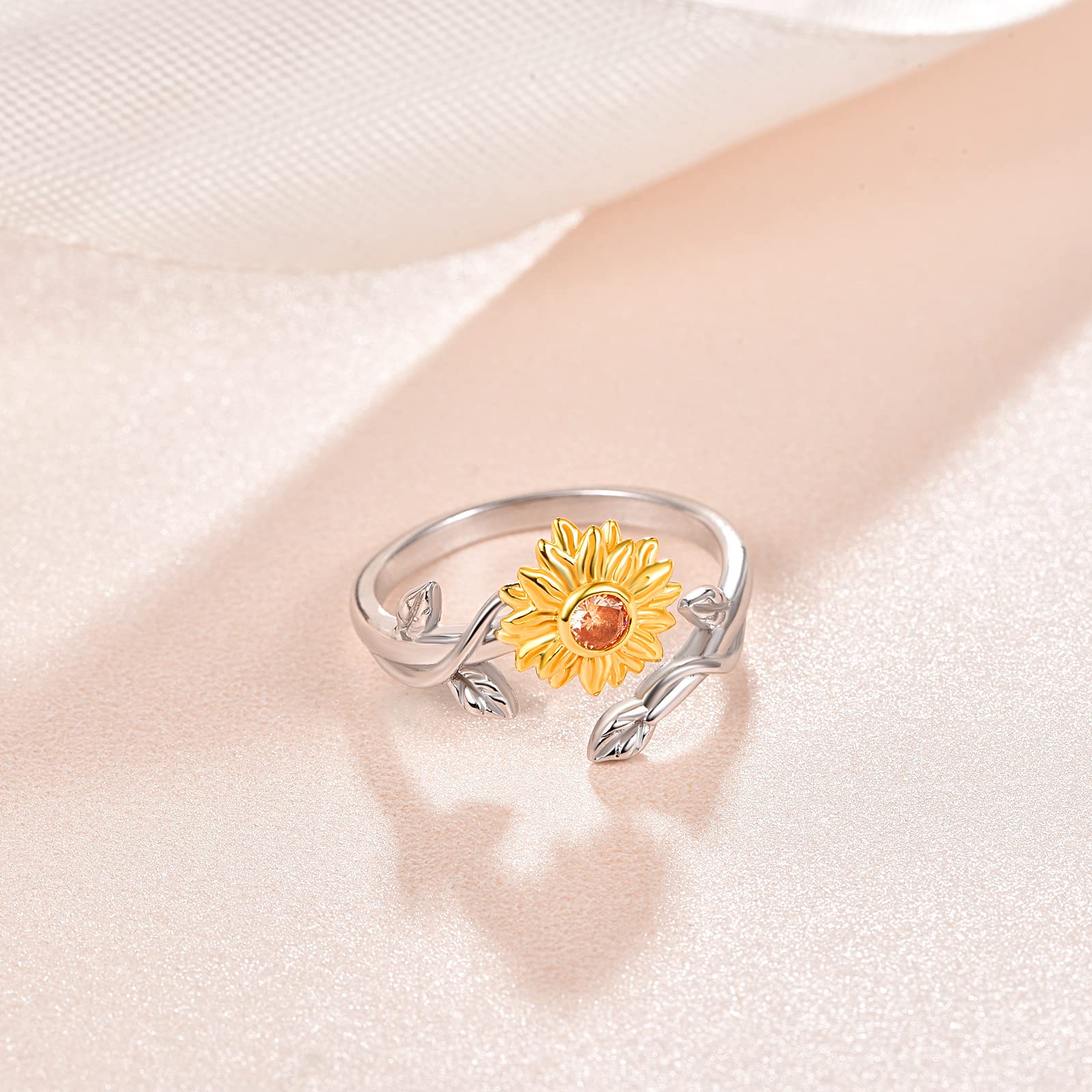 AOVEAO Sunflower Rings for Women, 925 Sterling Silver You are My Sunshine Adjustable Open Band Rings Sunflower Jewelry Gifts