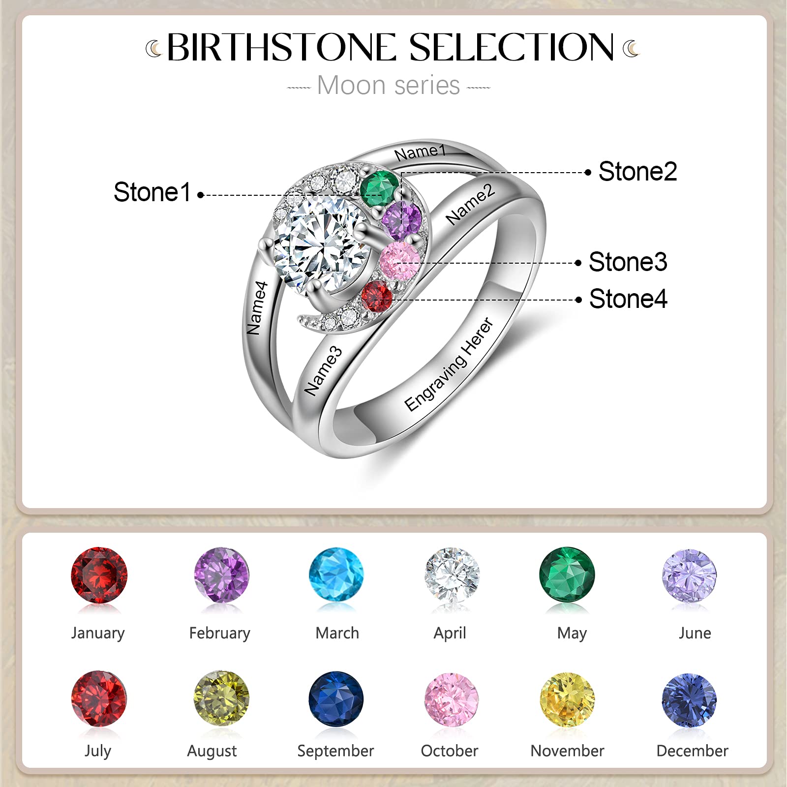 Moon Ring,Personalized Promise Ring for Her Engagement Ring with 2-4 Birthstones Names Engraved Rings for Women Mother's Days (4 names, 9)