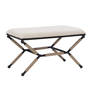 linon farrow linen upholstered metal campaign stool, black/natural