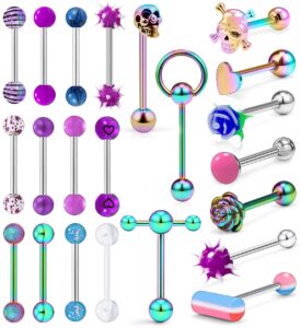 ronbemo 22pcs assorted styles 14g tongue rings stainless steel tongue piercing barbells long tounge piercing jewelry for women men rainbow