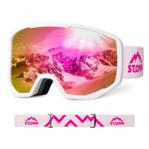 stomp ski/snowboarding goggles 100% uv400 protection replaceable lens/straps goggle for men, women & youth (white frame/pink lens vlt 14%)