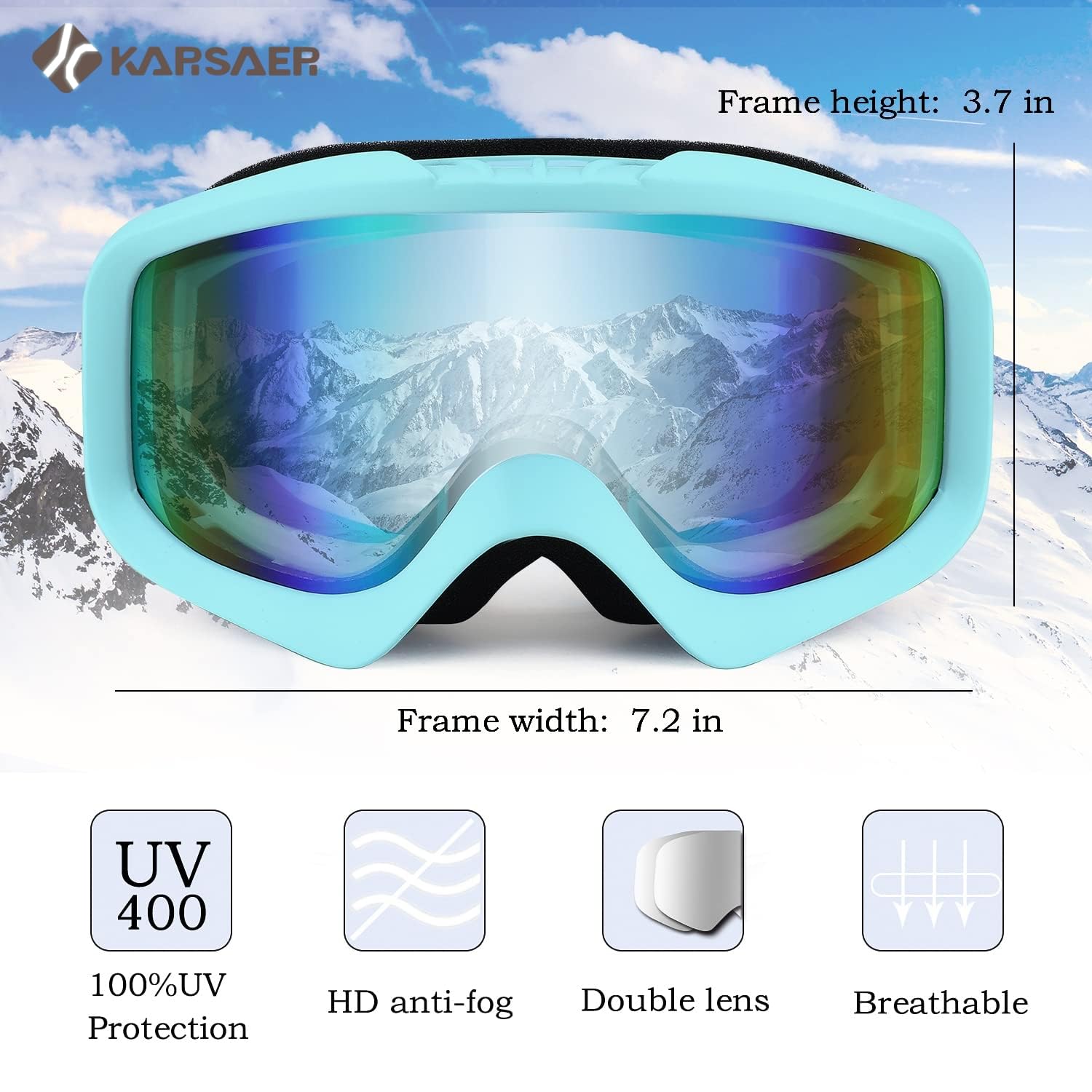 Karsaer Ski Goggles Anti-Fog Snow Goggles OTG 100% UV Protection Snowboard Goggles Bendable Dual-Lenses for Men Women Youth