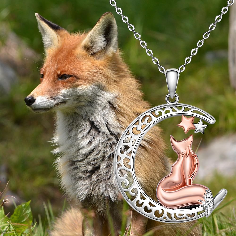 Jewlikee Fox Necklace Animal Fox Pendant 925 Sterling Silver Celtic Moon Cute Foxes Gifts