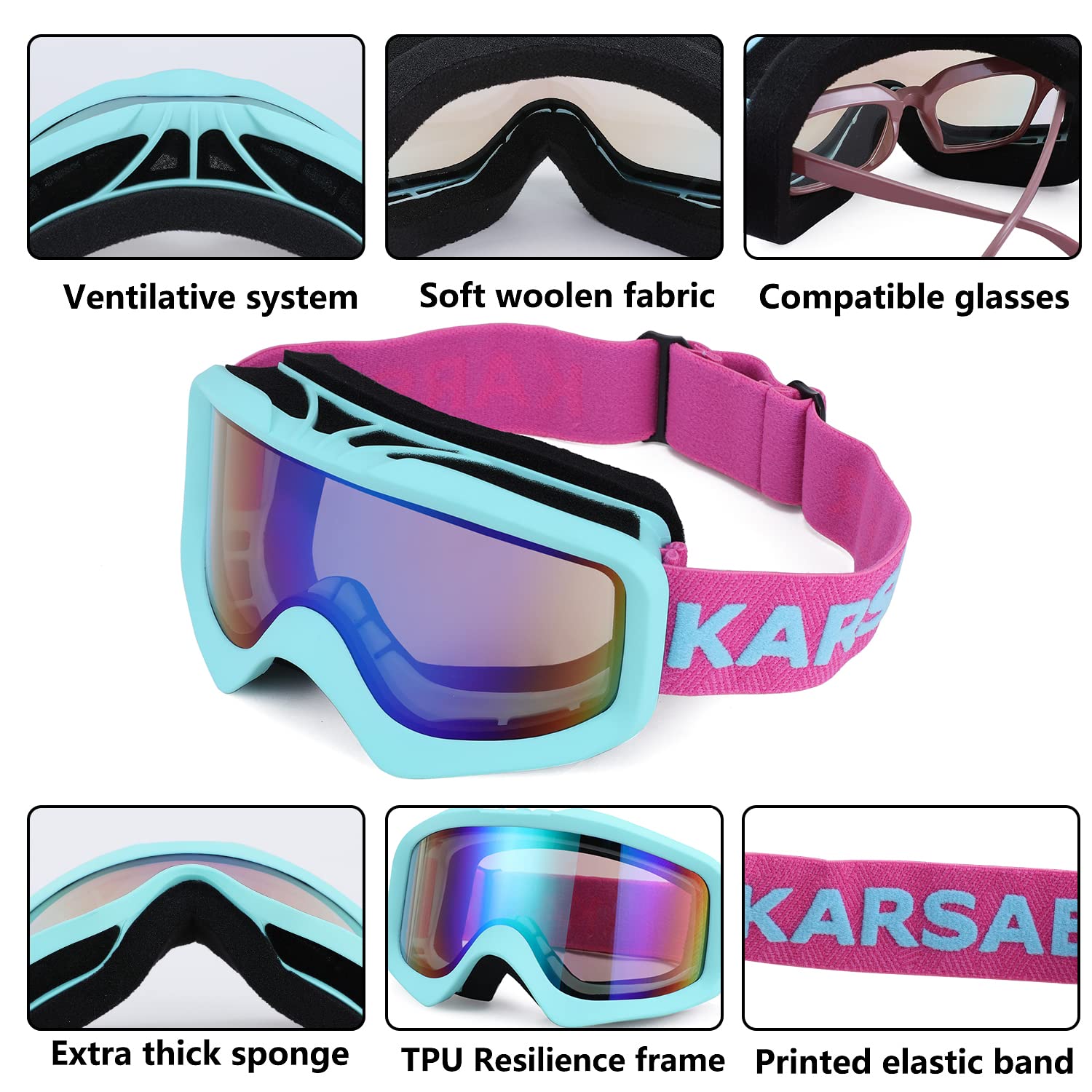 Karsaer Ski Goggles Anti-Fog Snow Goggles OTG 100% UV Protection Snowboard Goggles Bendable Dual-Lenses for Men Women Youth