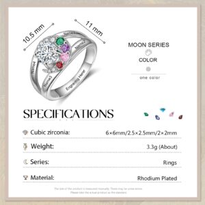 Moon Ring,Personalized Promise Ring for Her Engagement Ring with 2-4 Birthstones Names Engraved Rings for Women Mother's Days (4 names, 9)