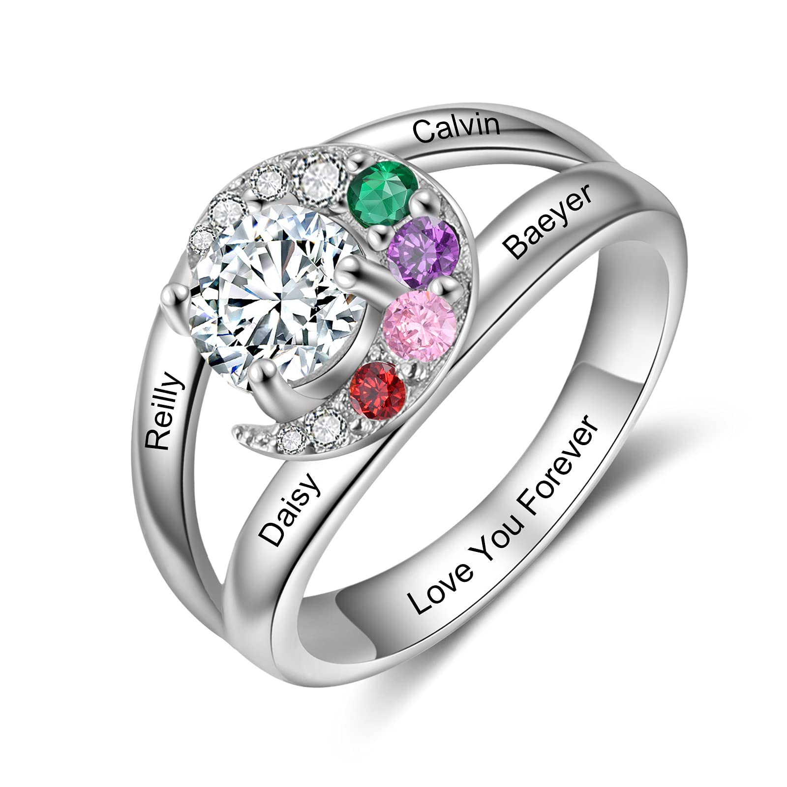 Moon Ring,Personalized Promise Ring for Her Engagement Ring with 2-4 Birthstones Names Engraved Rings for Women Mother's Days (4 names, 9)