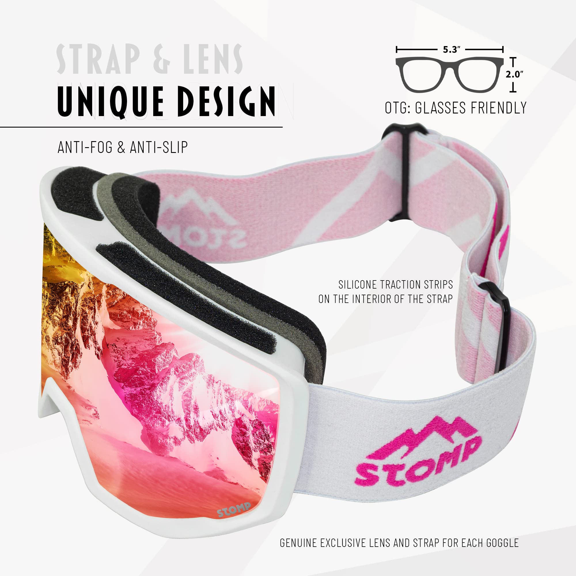 STOMP Ski/Snowboarding Goggles 100% UV400 Protection Replaceable Lens/Straps Goggle for Men, Women & Youth (White Frame/Pink Lens VLT 14%)