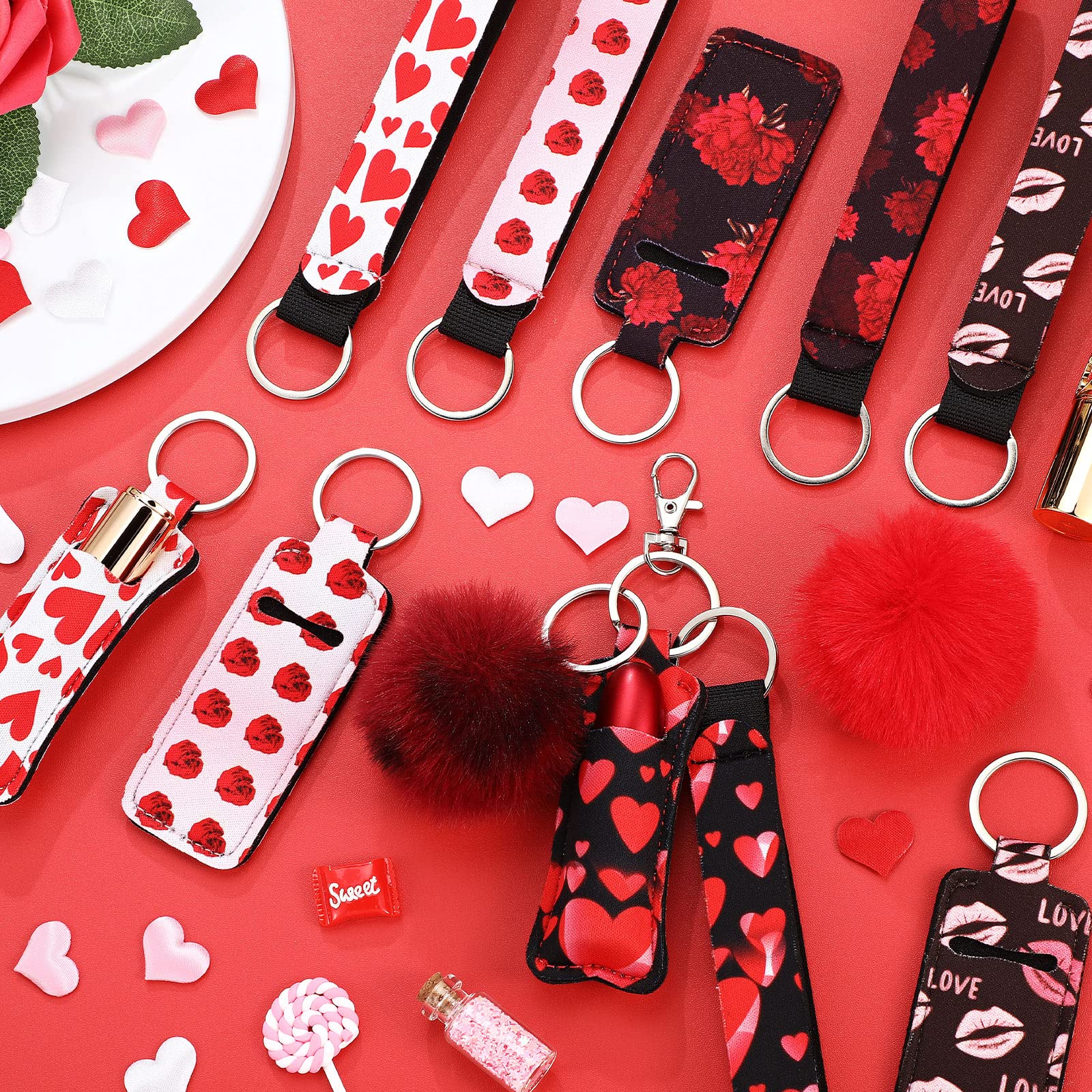 Junkin 40 Pcs Lipstick Holder Keychain Lip Holder Keychain Clip on Lipstick Pouch Fluffy Ball Keychain with Keyring (Heart Style)