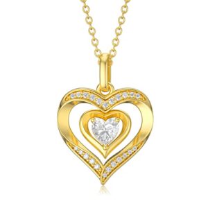 14k solid gold heart necklace for women, "forever love in my heart" real yellow gold love heart pendant delicate jewelry gifts for mom, wife, 16-18 inch