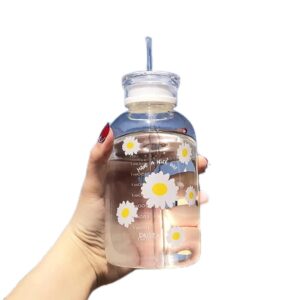 jzsmy 480ml milk juice cute water bottle with scale 2 lids little daisy matte portable transparent water cup glass bottles creative handy cup (transparent 6 flowers)