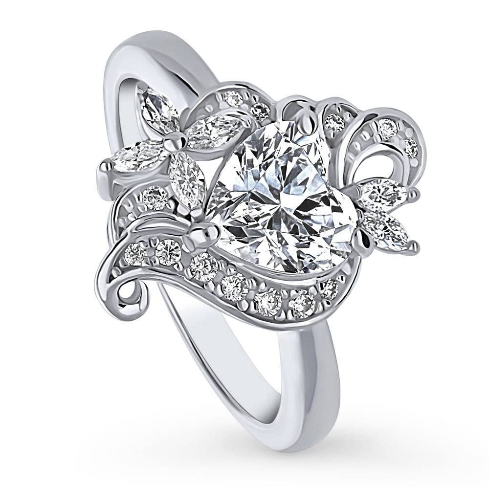 BERRICLE Sterling Silver Heart Cubic Zirconia CZ Flower Fashion Ring for Women, Rhodium Plated Size 7