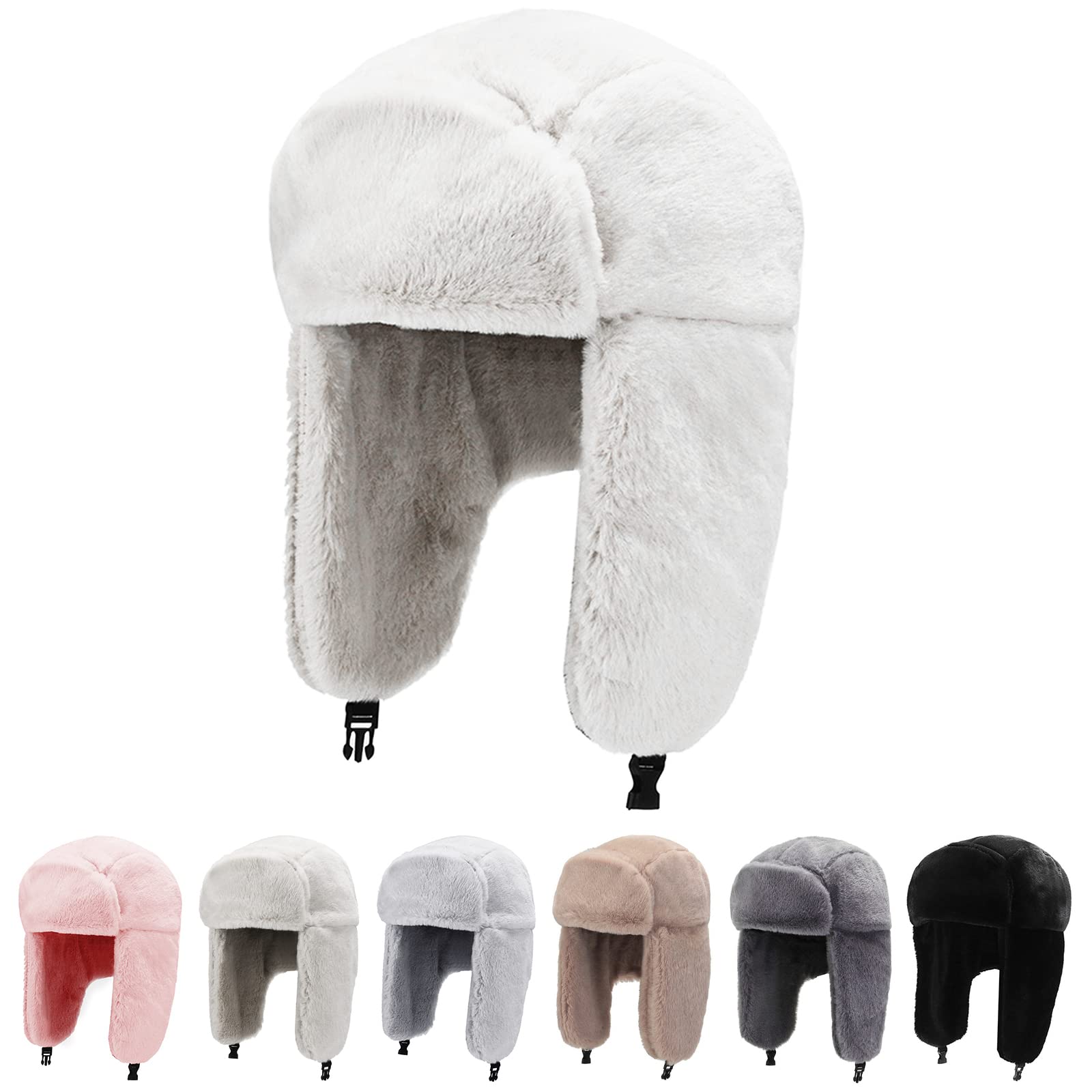 Peicees Winter Hats for Men Womens Fur Hats Russian Ushanka Trapper Hat with Ear Flaps Warmer for Adult Boys Girls White