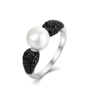 jo wisdom pearl ring,925 sterling silver black cubic zirconia women's rings with 8mm white freshwater cultured pearl ring size 8