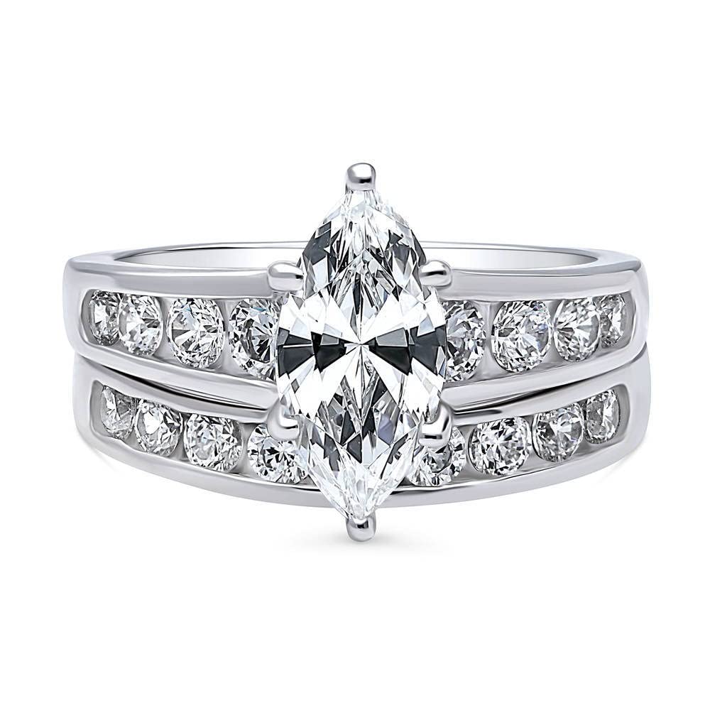 BERRICLE Sterling Silver Solitaire Wedding Engagement Rings 1.6 Carat Marquise Cut Cubic Zirconia CZ Statement Ring Set for Women, Rhodium Plated Size 8