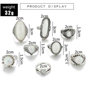 Jumwrit Vintage Oval Gemstone Ring Antique Evil Eye Opal Gemstone Rings Crown Knuckle Stackable Mood Rings Set for Women（8 PCS）