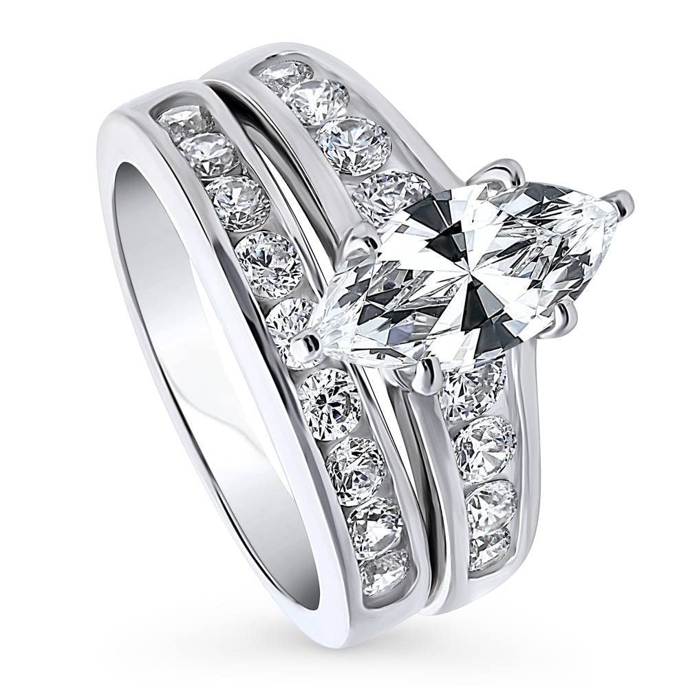 BERRICLE Sterling Silver Solitaire Wedding Engagement Rings 1.6 Carat Marquise Cut Cubic Zirconia CZ Statement Ring Set for Women, Rhodium Plated Size 8