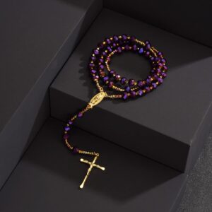 SALOMOCA Rosary Bead Necklace Purple Crystal Beads Christ Catholic Necklaces with Holy Mary Medal and Jesus Crucifix Cross Religious Jewelry in Velvet Bag Fit for Women