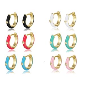 enamel hoop earrings sets, 18k gold plated small colorful hoop earrings, 6 pairs preppy colored gold huggie hoop earrings, cute & atheistics earrings suitable for women