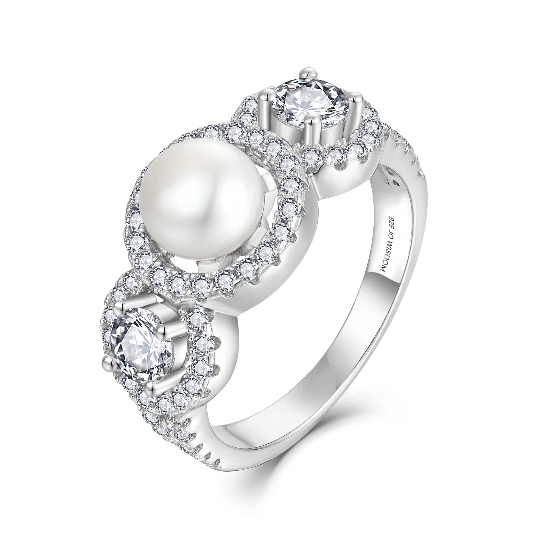 JO WISDOM Pearl Ring,925 Sterling Silver Cubic Zirconia Women's Rings with 7.5mm White Freshwater Cultured Pearl Ring size 7