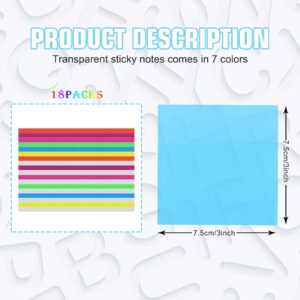 900 Sheets 18 Pieces Transparent Sticky Notes Pads, 3 x 3 Inches Translucent Colored Clear Stickies Notes Waterproof Self Adhesive See Through Memo Sticky Pads, School Office Supplies (Bright Color)