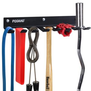 poskad gym storage rack,8 hook heavy-duty steel gym organizer wall mount hanger for home and pro, gym accessory storage resistance bands,jump ropes,lifting belt,barbells. (16''-8 hooks)