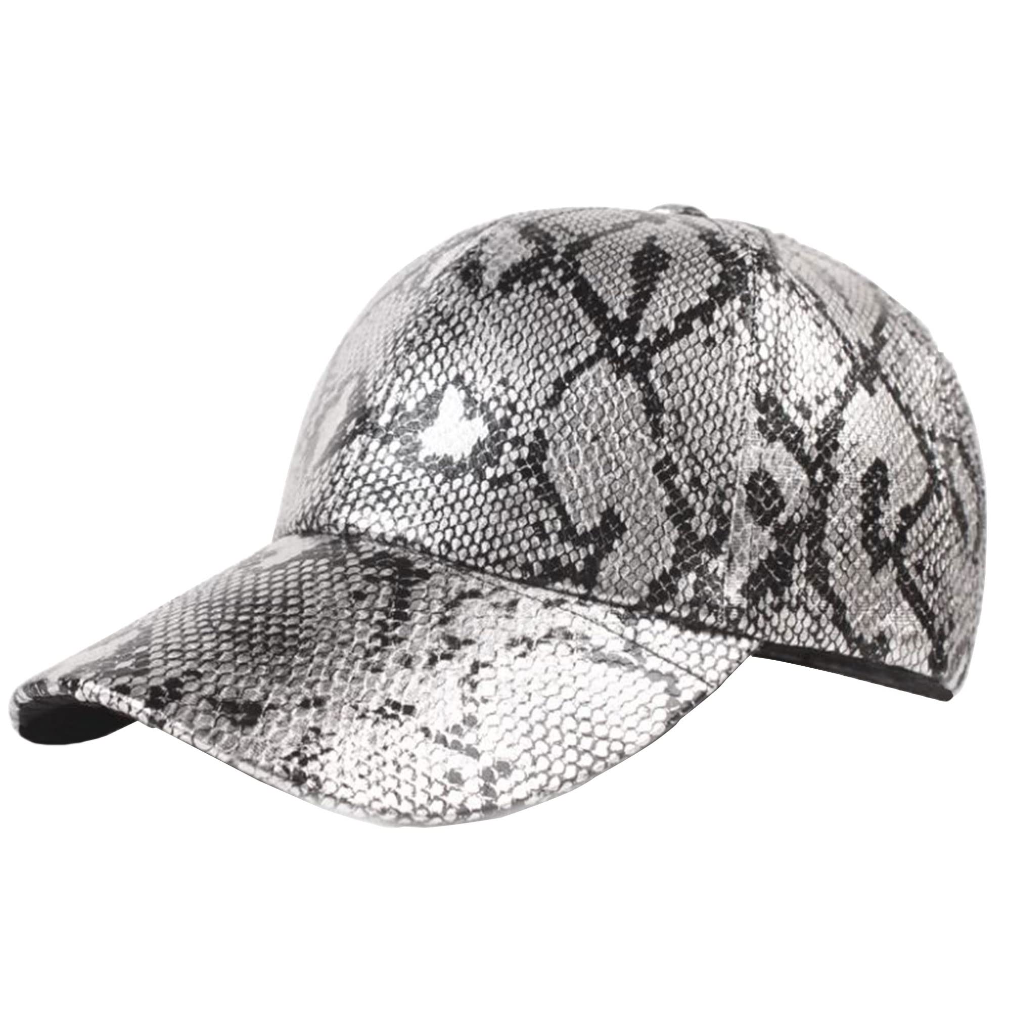 LABANCA Unisex Snakeskin Baseball Cap PU Leather Casual Trucker Baseball Cap Hat, Silver