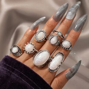 Jumwrit Vintage Oval Gemstone Ring Antique Evil Eye Opal Gemstone Rings Crown Knuckle Stackable Mood Rings Set for Women（8 PCS）