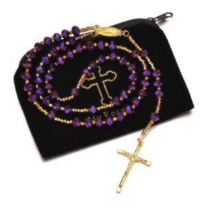 salomoca rosary bead necklace purple crystal beads christ catholic necklaces with holy mary medal and jesus crucifix cross religious jewelry in velvet bag fit for women