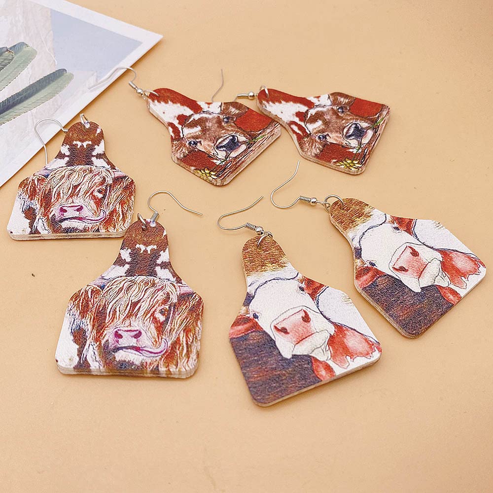 Pingyongchang 5 Pairs Cow Print PU Leather Vintage Earrings for Women Wild West Cowboy Texas Style Women Earrings Jewelry