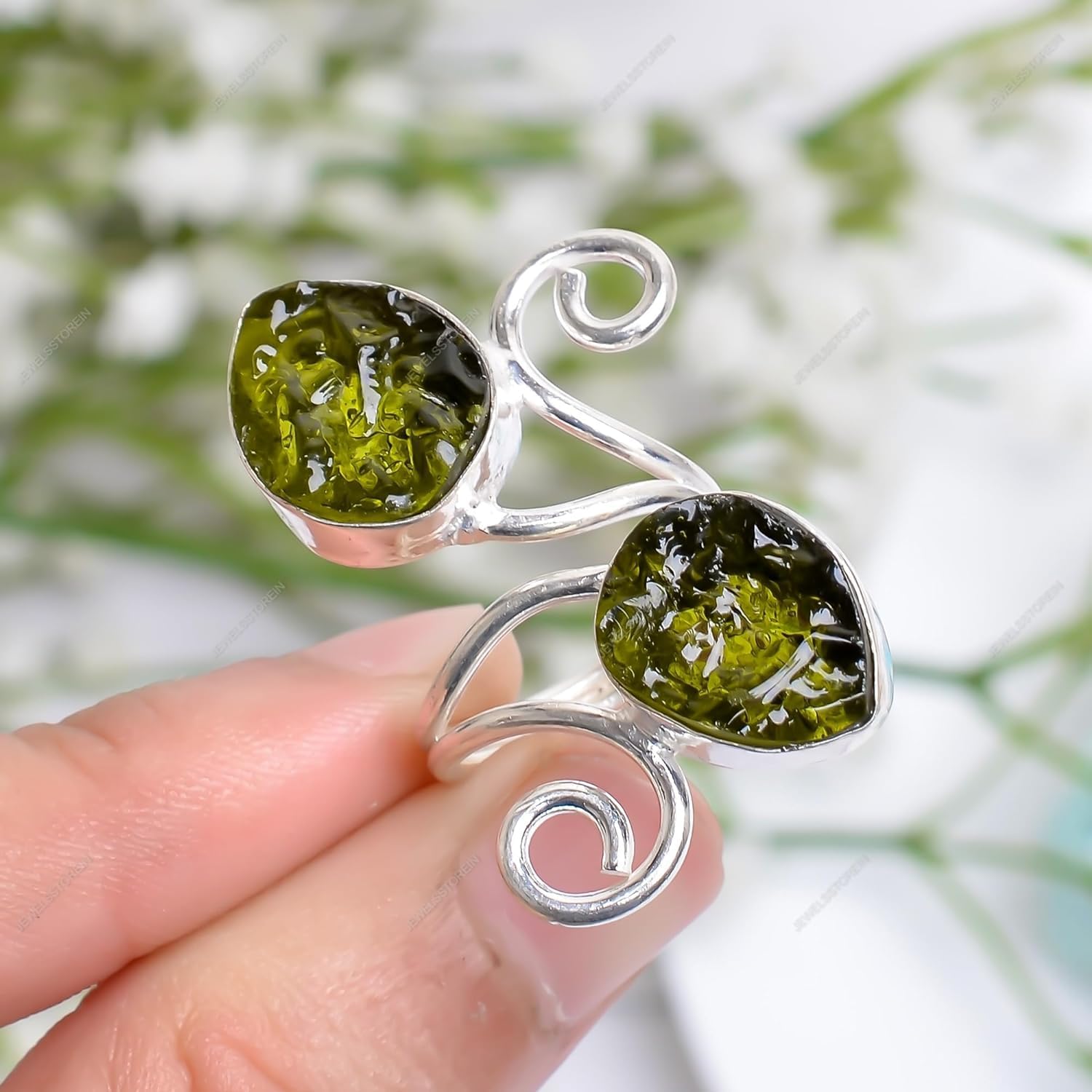 Branch Ring, Moldavite raw Ring, Reiki Healing ring, Psychic protection ring, Silver Plated Ring, Moldavite Ring, Brass Ring, Czechoslovakia Ring (10 US)