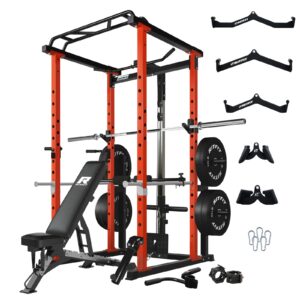 ritfit squat rack power cage home gym package, includes 1000lbs power rack with lat pull down, weight bench, rubber/bumper plates set with olympic barbell (package 1.6k (bumper plate 230lbs))-orange