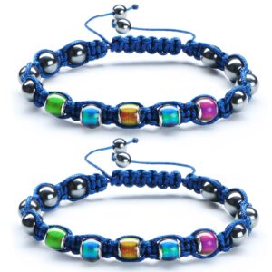 hicarer adjustable mood bracelet for women 2 pieces dazzling shimmer color changing beads based on emotions thermochromic bead bracelets christmas gift for adult(blue rope)