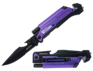 gifts infinity® personalized engraved tactical knives 6-in-1 survival pocket knife with magnesium fire starter, led flashlight bottle opener (purple)