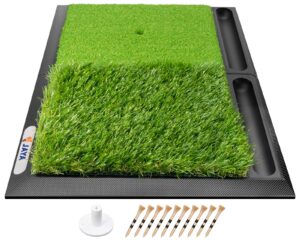 jaya golf hitting mat with ball tray, heavy rubber base, fairway & rough turf golf training mat, golf tees and rubber tee holder included, portable golf practice mat for indoor and outdoor