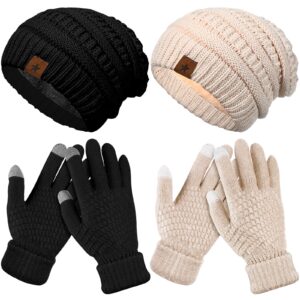 4 pieces women winter hat and touchscreen gloves set warm knitted women beanie hat fleece lined slouchy beanie with winter gloves mittens for women girls (black, beige)