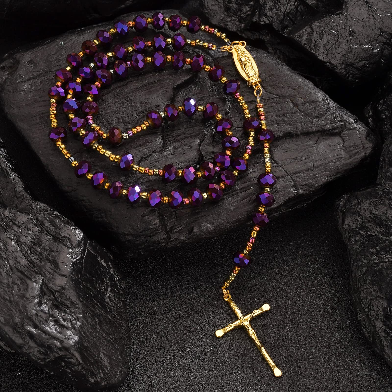 SALOMOCA Rosary Bead Necklace Purple Crystal Beads Christ Catholic Necklaces with Holy Mary Medal and Jesus Crucifix Cross Religious Jewelry in Velvet Bag Fit for Women