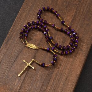 SALOMOCA Rosary Bead Necklace Purple Crystal Beads Christ Catholic Necklaces with Holy Mary Medal and Jesus Crucifix Cross Religious Jewelry in Velvet Bag Fit for Women