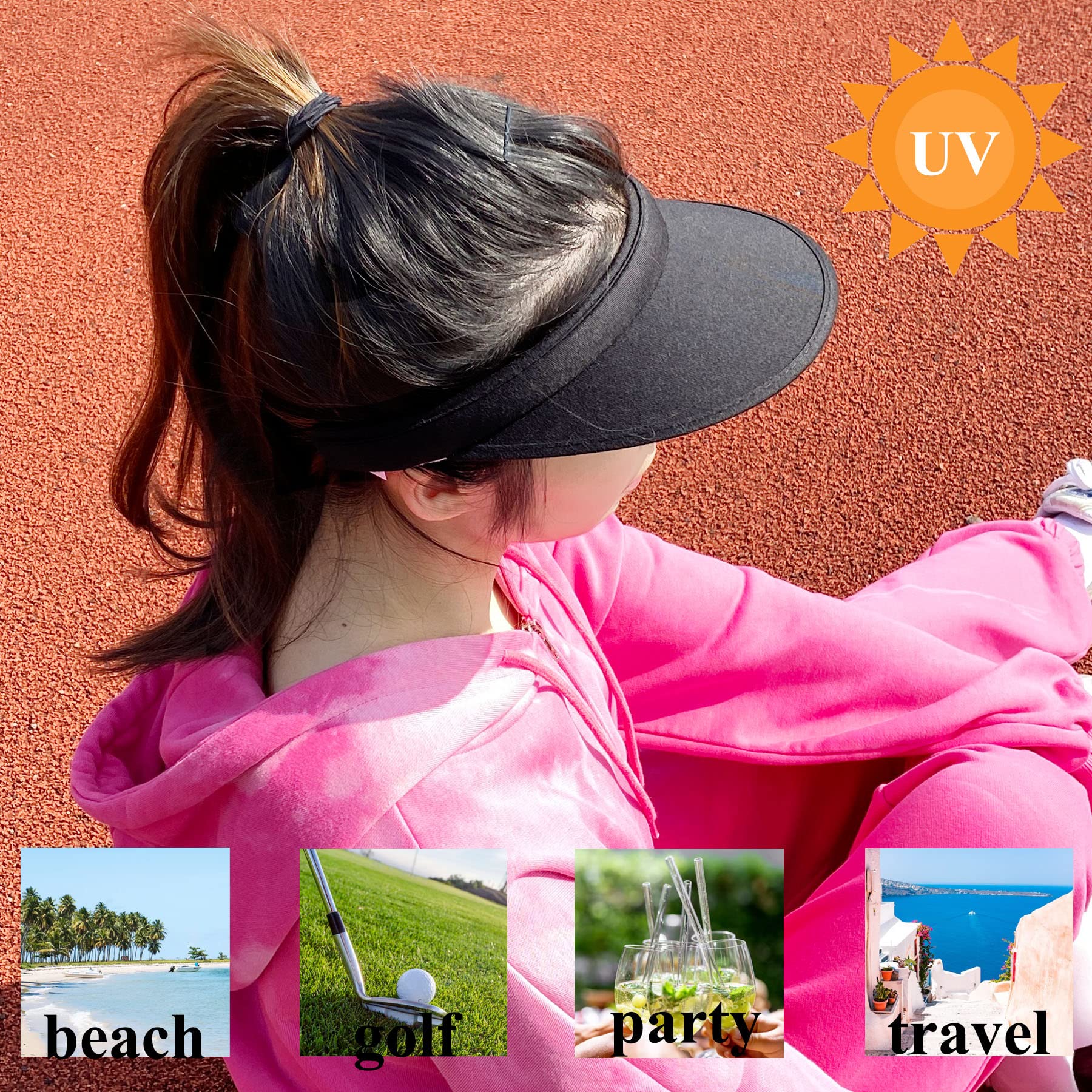 2 Pack Sun Visors Hat Women Men Clip On Visor-Hats Wide Brim Visor UV Protection Adjustable Outdoor Sports Tennis Beach Running Travel Golf Caps Headwear Black