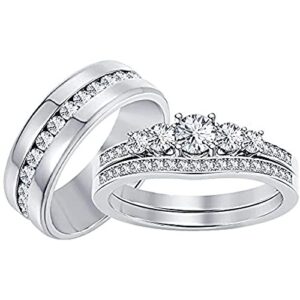 Her Engagement Ring And His Her Wedding Band 5 Stone Round Cut Created-Cubic Zirconia Trio Ring Set 14K White Gold Over 925 Sterling Silver