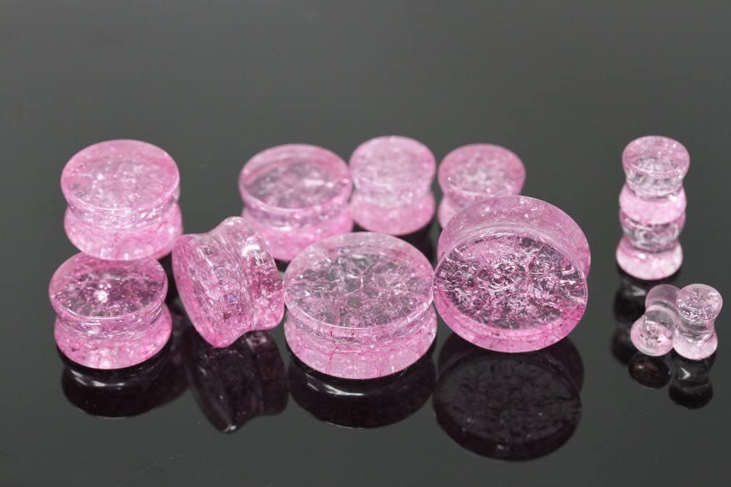 Pair 9/16" (14MM) PINK SHATTERED GLASS PLUGS Double Flare Gauges Cracked Organic Tunnels (2pcs)