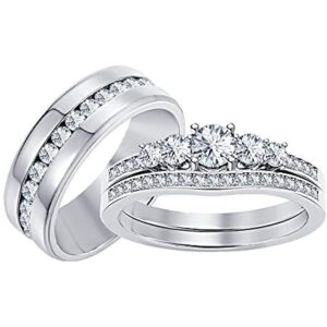 her engagement ring and his her wedding band 5 stone round cut created-cubic zirconia trio ring set 14k white gold over 925 sterling silver