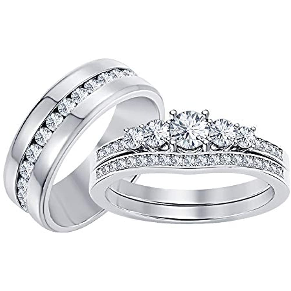 Her Engagement Ring And His Her Wedding Band 5 Stone Round Cut Created-Cubic Zirconia Trio Ring Set 14K White Gold Over 925 Sterling Silver