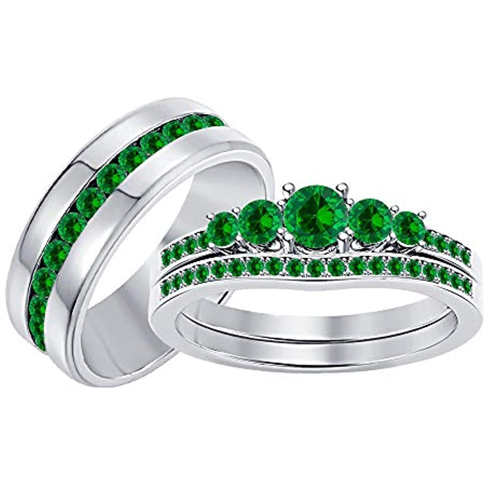 Her Engagement Ring And His Her Wedding Band 5 Stone Round Cut Created-Green Emerald Trio Ring Set 14K White Gold Over 925 Sterling Silver