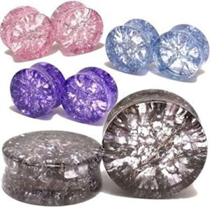 Pair 9/16" (14MM) PINK SHATTERED GLASS PLUGS Double Flare Gauges Cracked Organic Tunnels (2pcs)