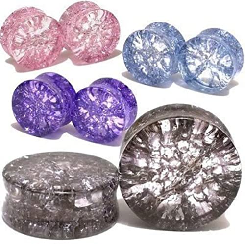 Pair 9/16" (14MM) PINK SHATTERED GLASS PLUGS Double Flare Gauges Cracked Organic Tunnels (2pcs)