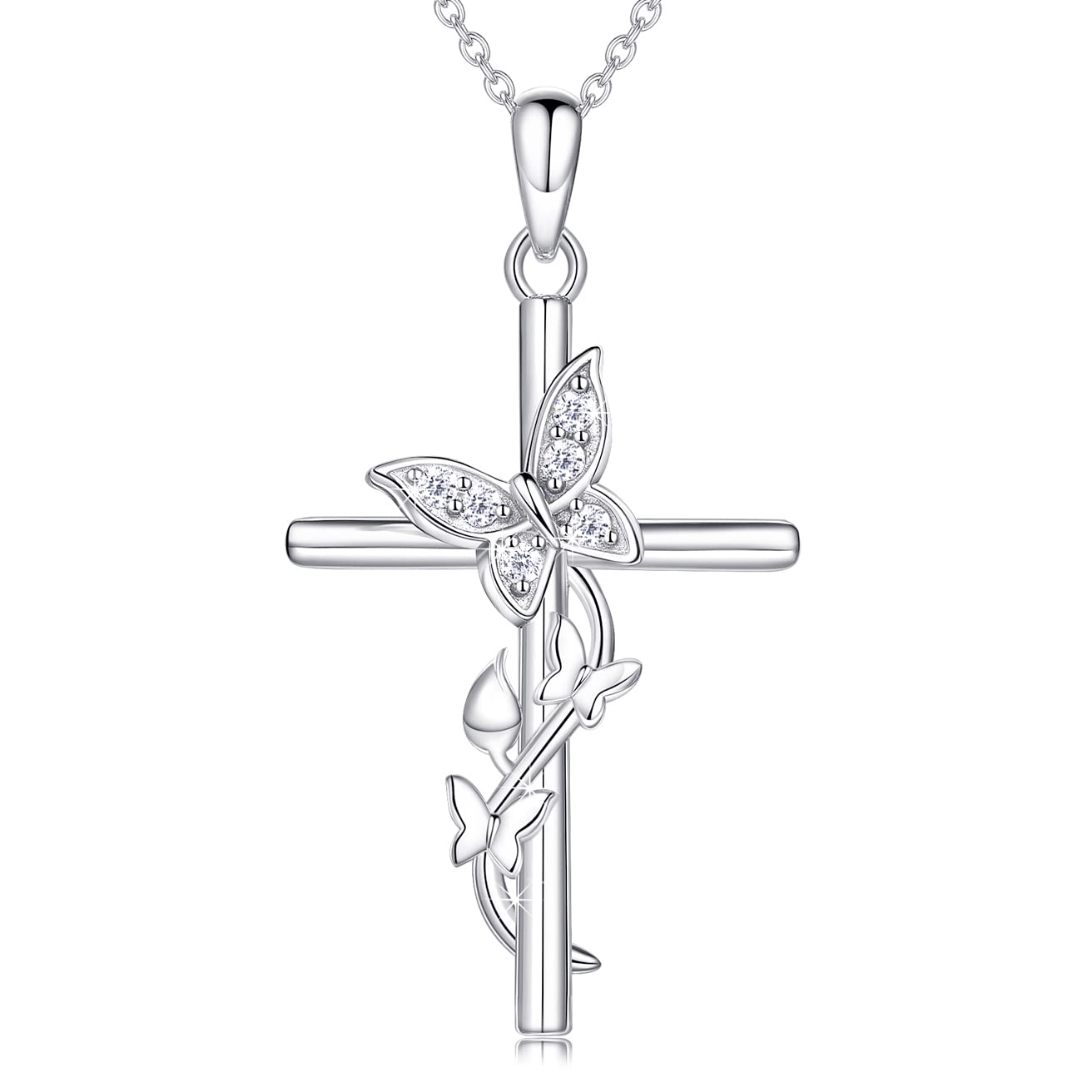 ASHLI JENA Cross Necklace for Women Faith Love 925 Sterling Silver Butterfly CZ Diamond Pendant Necklaces Jewelry for Women Mom Wife