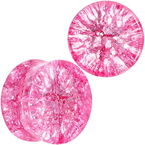 Pair 9/16" (14MM) PINK SHATTERED GLASS PLUGS Double Flare Gauges Cracked Organic Tunnels (2pcs)