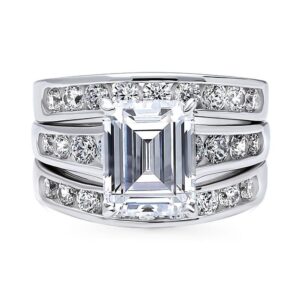 BERRICLE Sterling Silver Solitaire Wedding Engagement Rings 3.8 Carat Emerald Cut Cubic Zirconia CZ Statement Ring Set for Women, Rhodium Plated Size 7